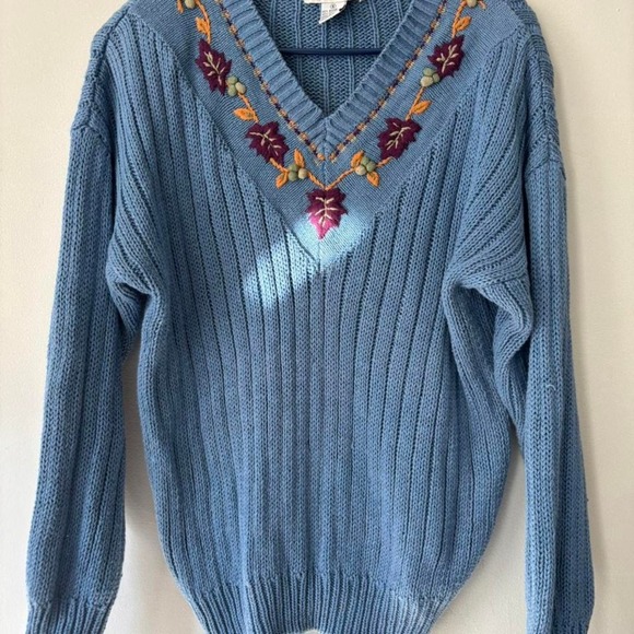 Sweaters | Vintage Cottagecore Knitted Embroidered Blue Teacher Granny ...